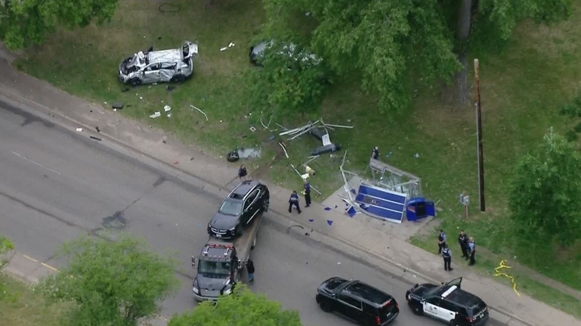 Police pursuit ends with crash, injuries, destroyed bus shelter ...