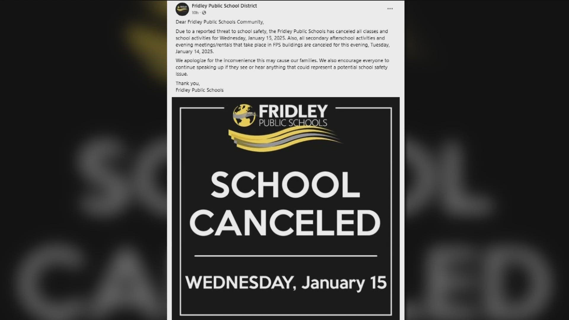 Fridley School District cancels classes due to reported threat | kare11.com