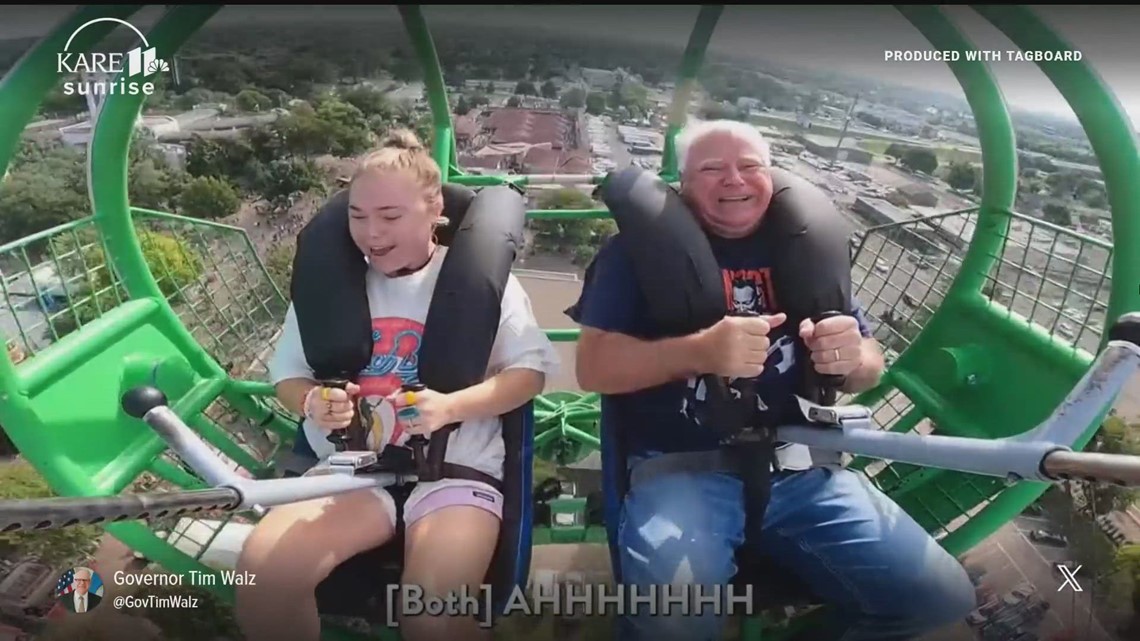 Gov. Tim Walz and his daughter try the Slingshot at the Minnesota State ...